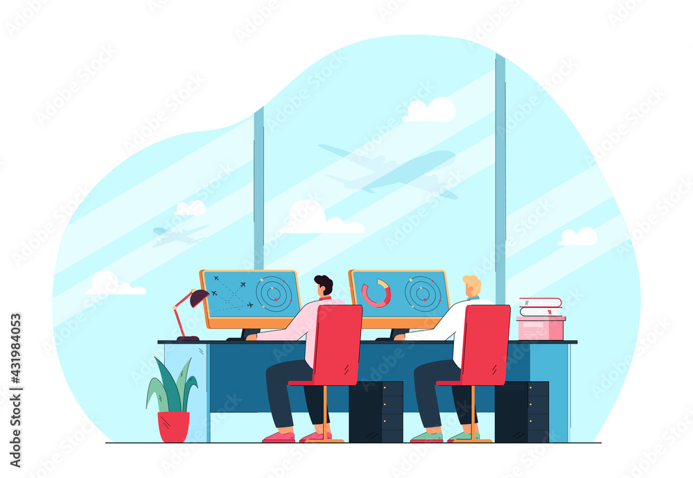 Air traffic control officers in front of monitors. Flat vector ...