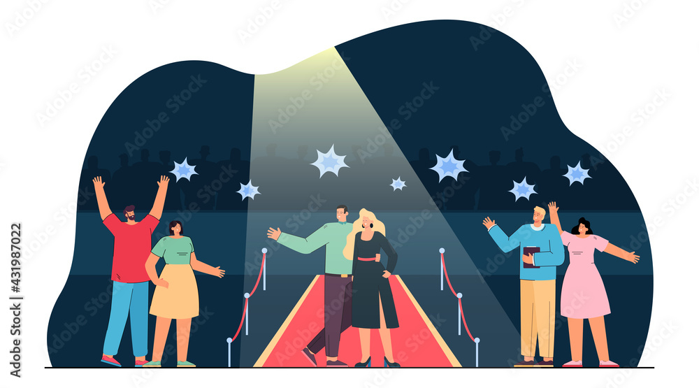 Celebrity couple walking red carpet. Flat vector illustration. Young ...