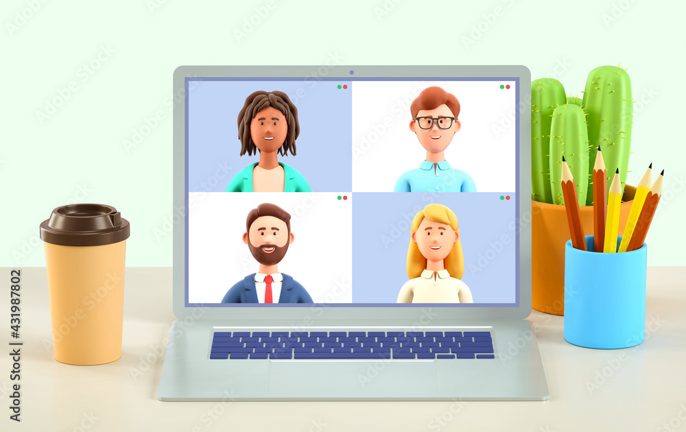 3D illustration of home video call, online work conference. Virtual ...
