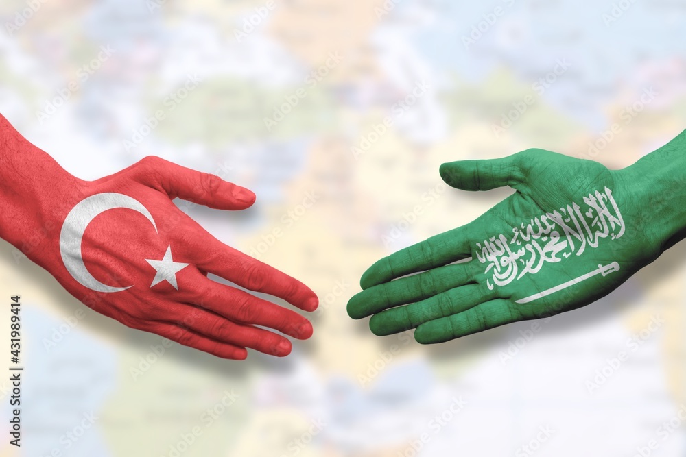 Turkey and Saudi Arabia - Flag handshake symbolizing partnership and ...