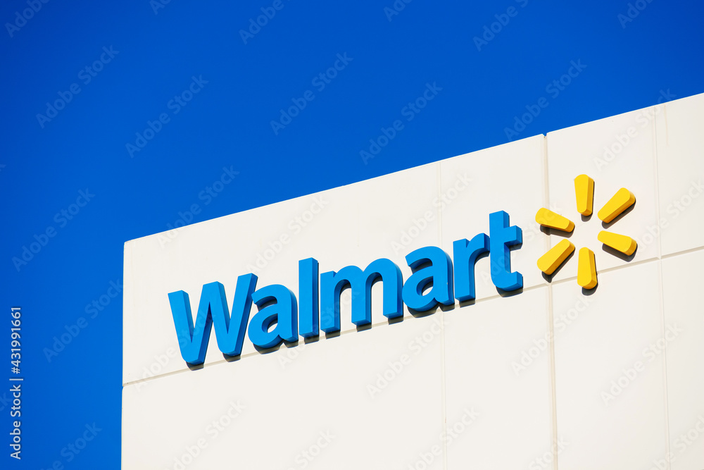 Walmart sign, logo on facade of Walmart Labs office building in Silicon ...
