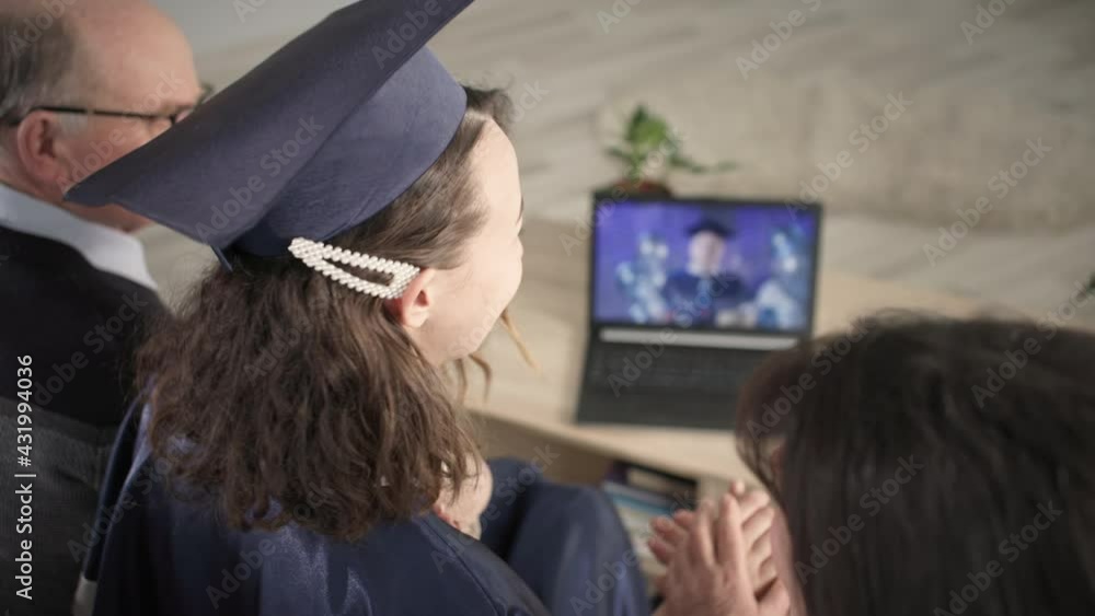 graduation online, happy student girl in vmste academic dress with mom ...