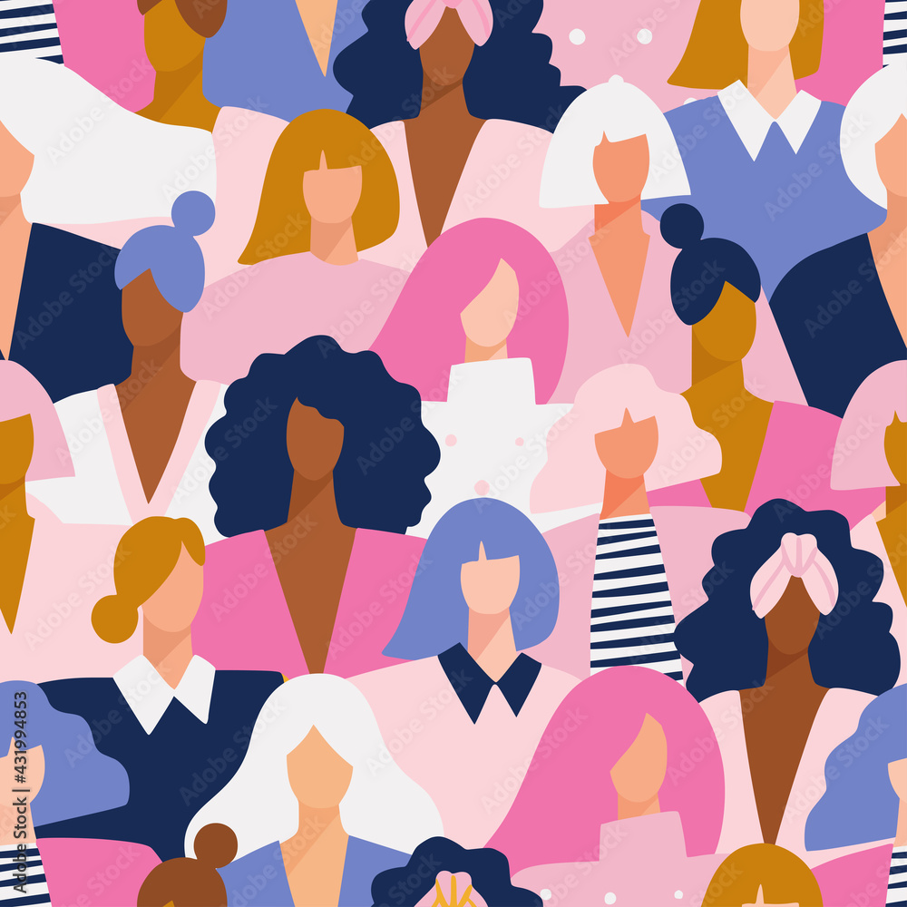 Seamless pattern with a group of diverse young modern female faces ...