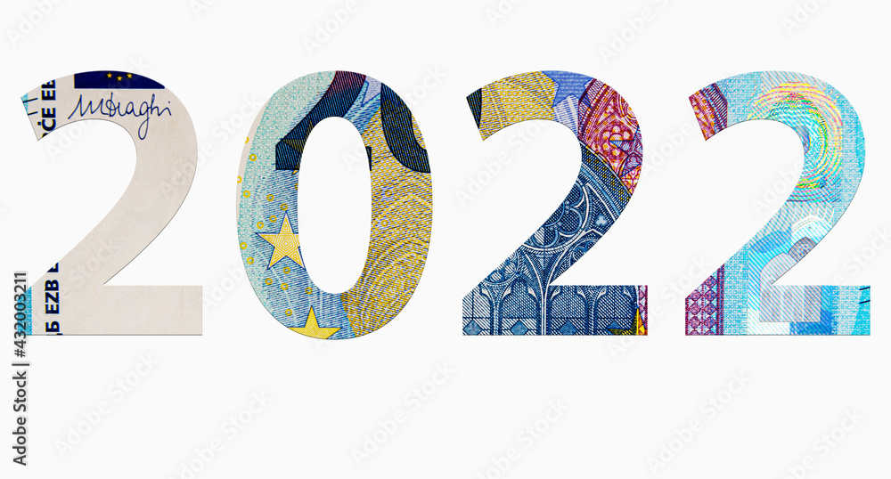 digits 2022 from euro banknotes on white background, money texture ...