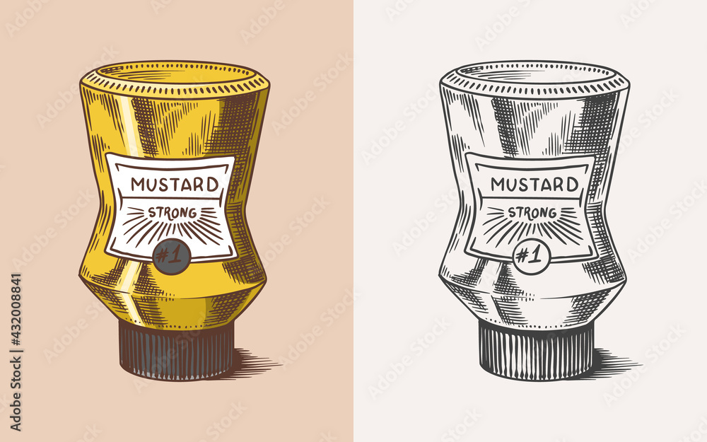 Mustard packaging. Sauce in a bottle with a label. Spicy condiment ...