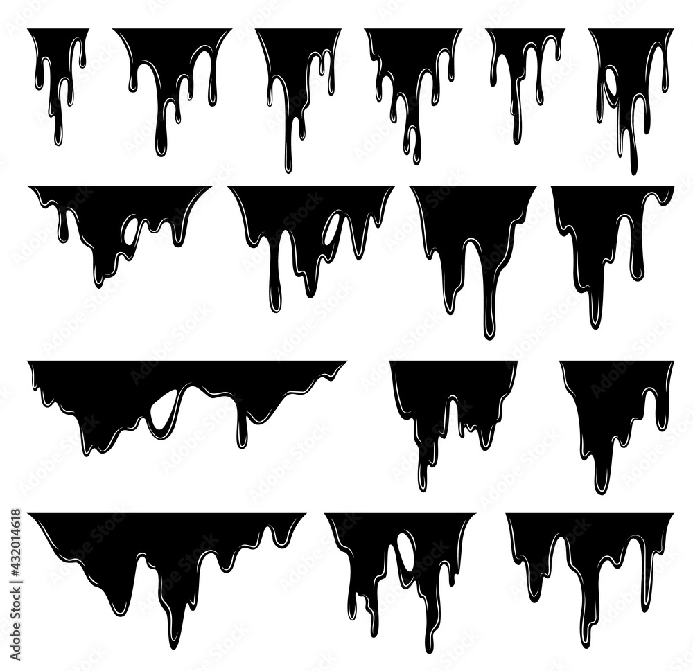 Paint dripping liquid. Flowing oil stain. Set of black drips. Current ...