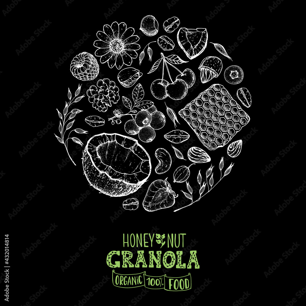 Granola sketch illustration. Breakfast label. Oat flakes , berries ...