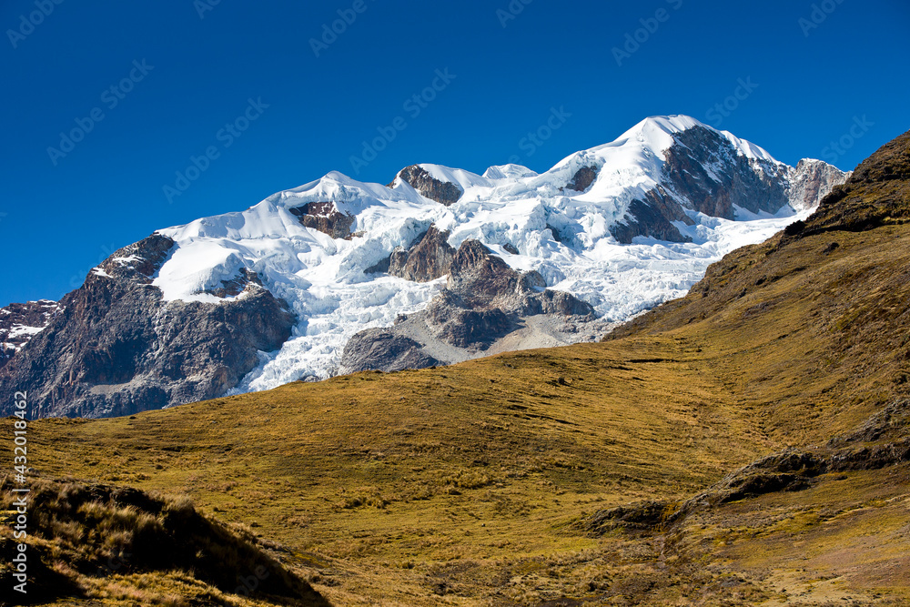The glacier-covered summit's of Mt. Illampu are seen from the high ...