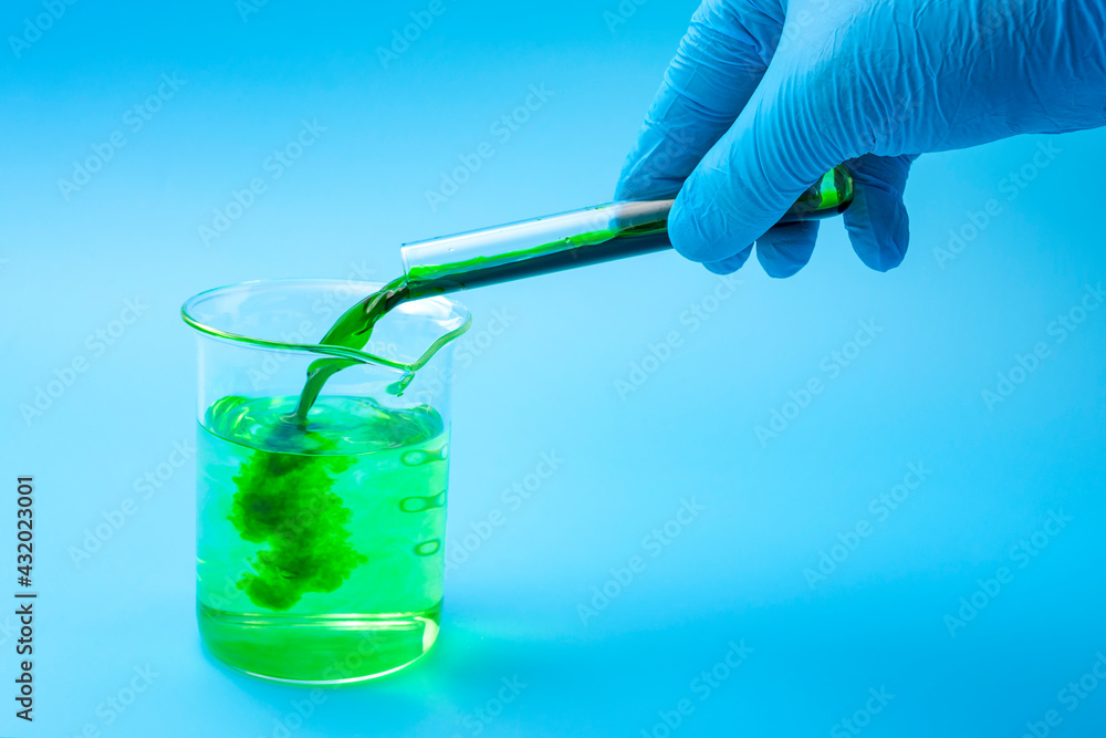 Chemistry, scientific experiment, chemical reaction and mixing ...