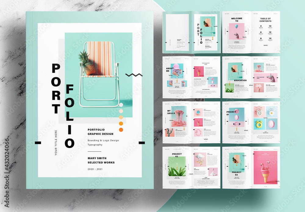 Portfolio Layout with Mint Accents Stock Template | Adobe Stock