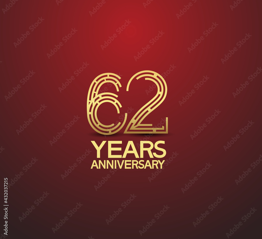 62 years golden anniversary logotype with labyrinth style number ...
