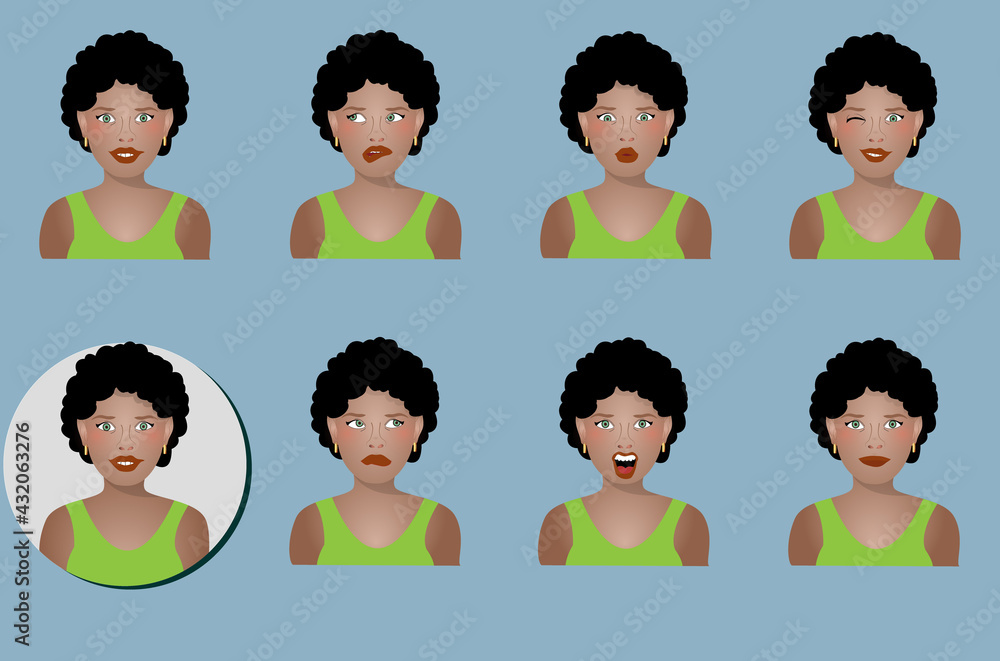 Set of facial expressions. African American woman in different poses ...