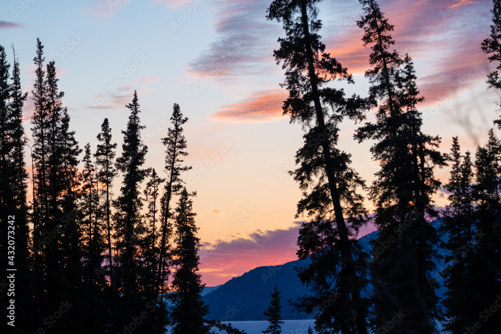 Stunning pink pastel sunset sunrise over the Canadian wilderness ...