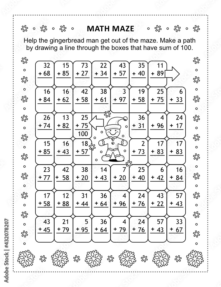 Vetor de Math maze and coloring page with gingerbread man cookie: Make ...