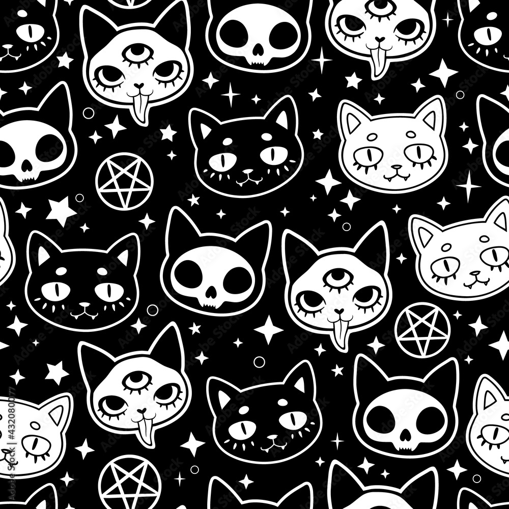 seamless illustration depicting magical symbols of witchcraft cats ...