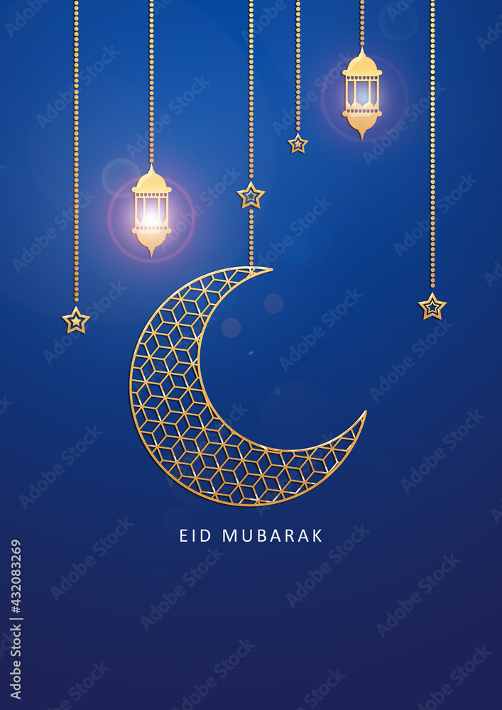 Eid Mubarak Islamic Design Crescent Moon Stars and Lantern Stock ...