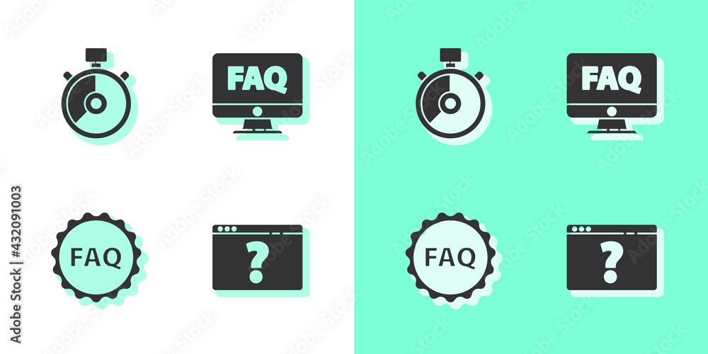 Set Browser with question mark, Stopwatch, Label text FAQ and Computer monitor and icon. Vector ...