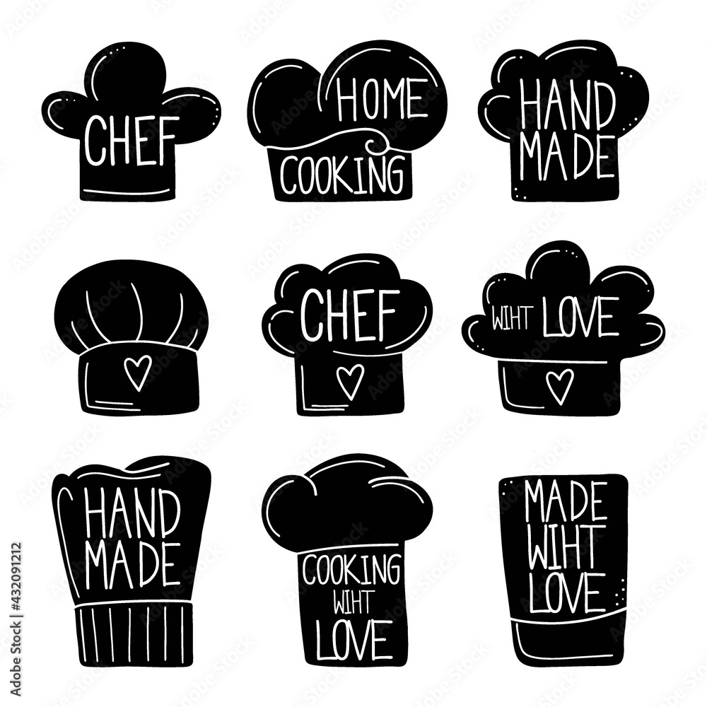 Chef hat labels set. Black cooker headwear collection with text ...