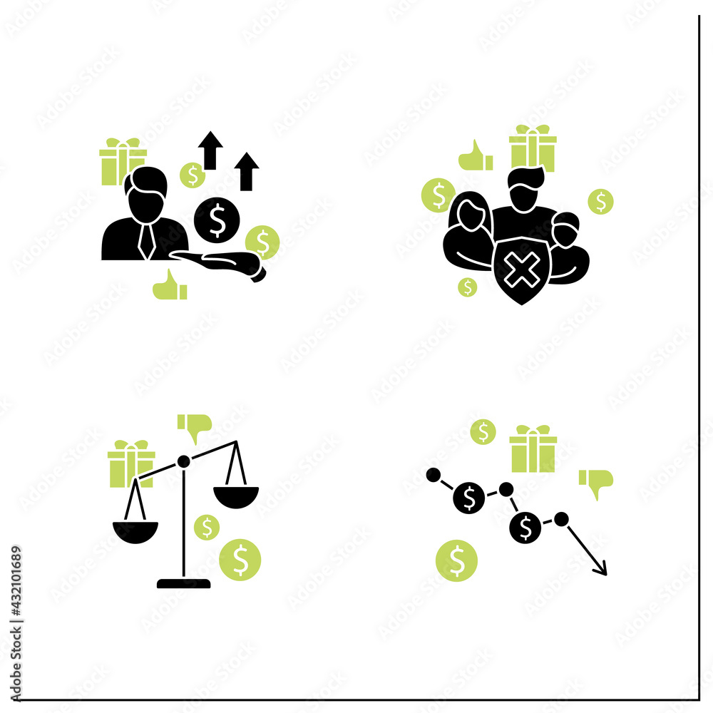 Universal basic income glyph icons set. Inequality, runaway inflation ...