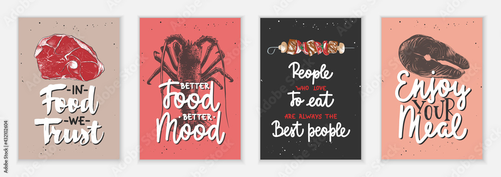 Set of 4 advertising and inspirational food and eating lettering ...
