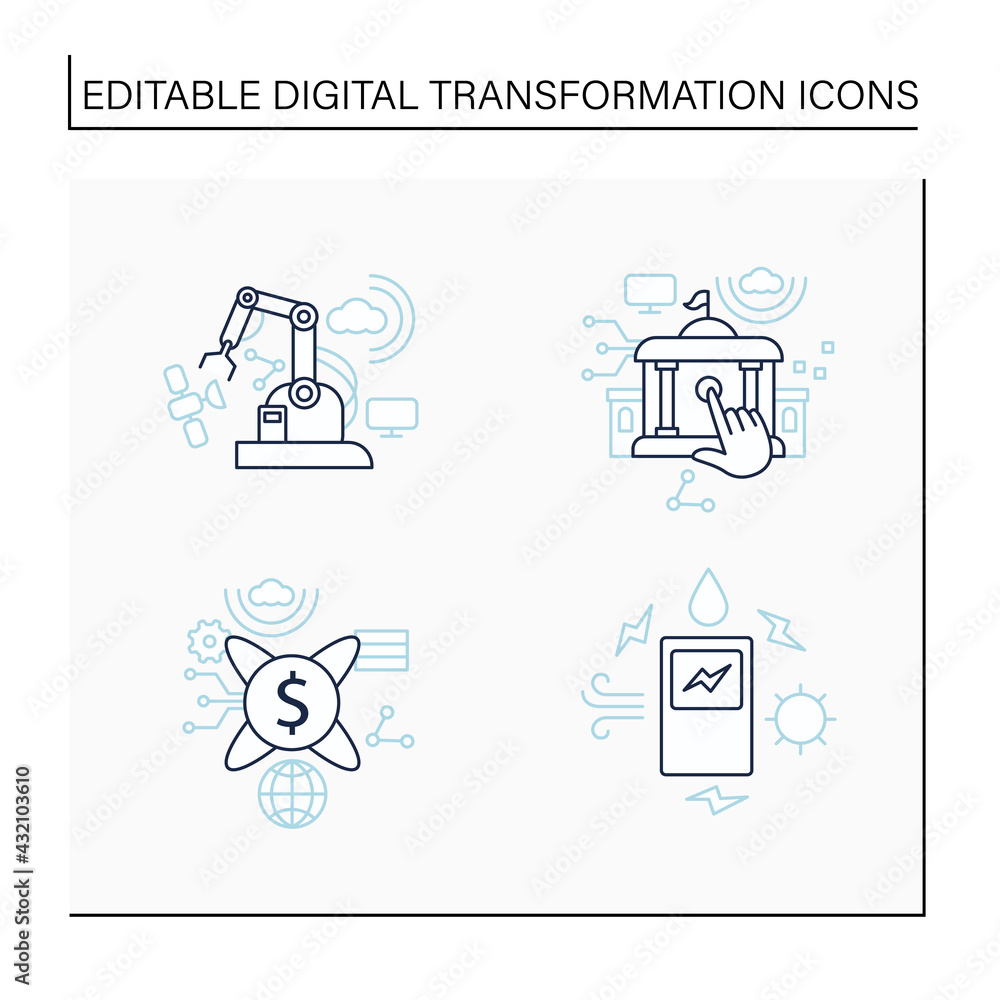 Digital transformation line icons set. Modern technologies. Saving ...