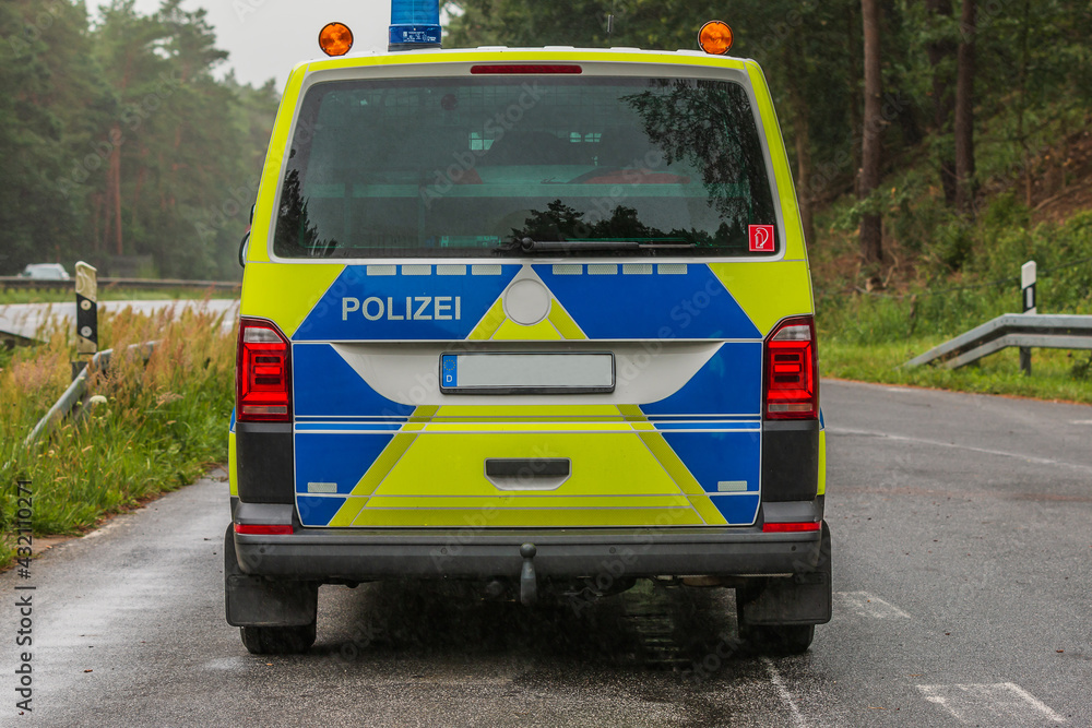 Police car from behind. Rear view of a radio patrol car from the ...