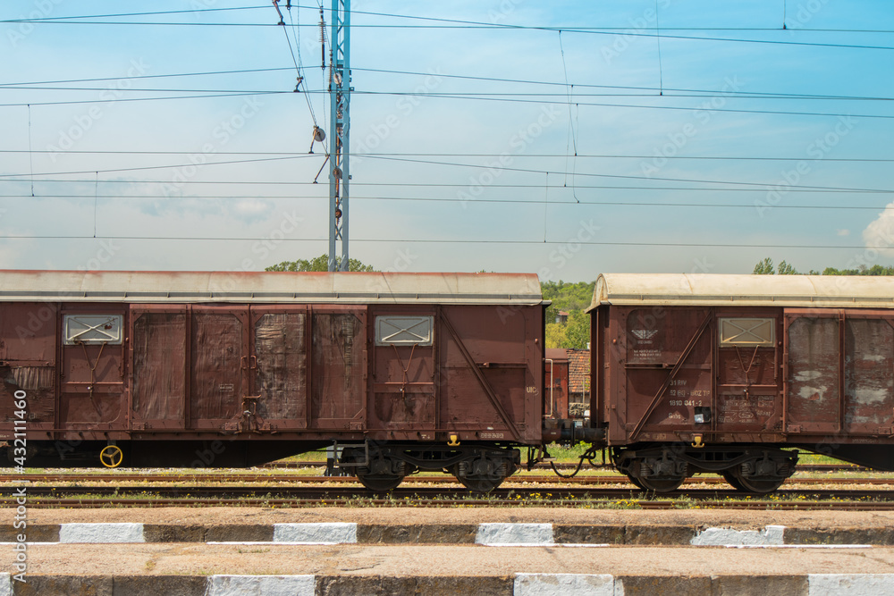 Freight trains at a railway station with details of wagons Stock Photo ...