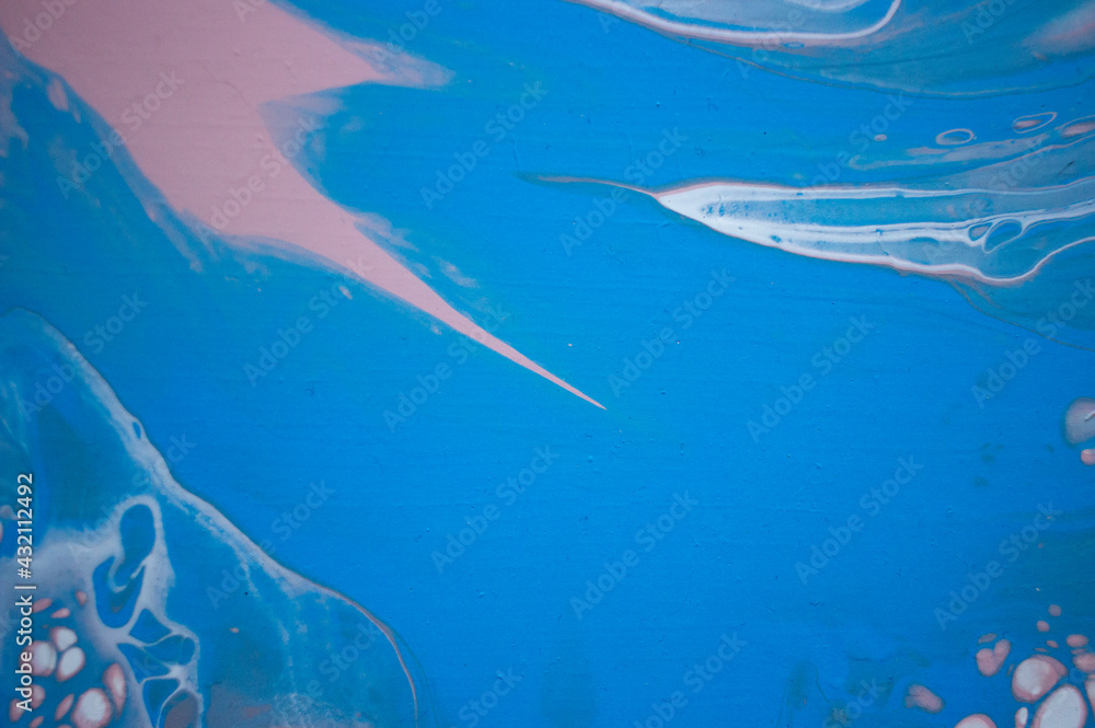 Bright blue paint texture, fluid art paint closeup, blue, pink and ...