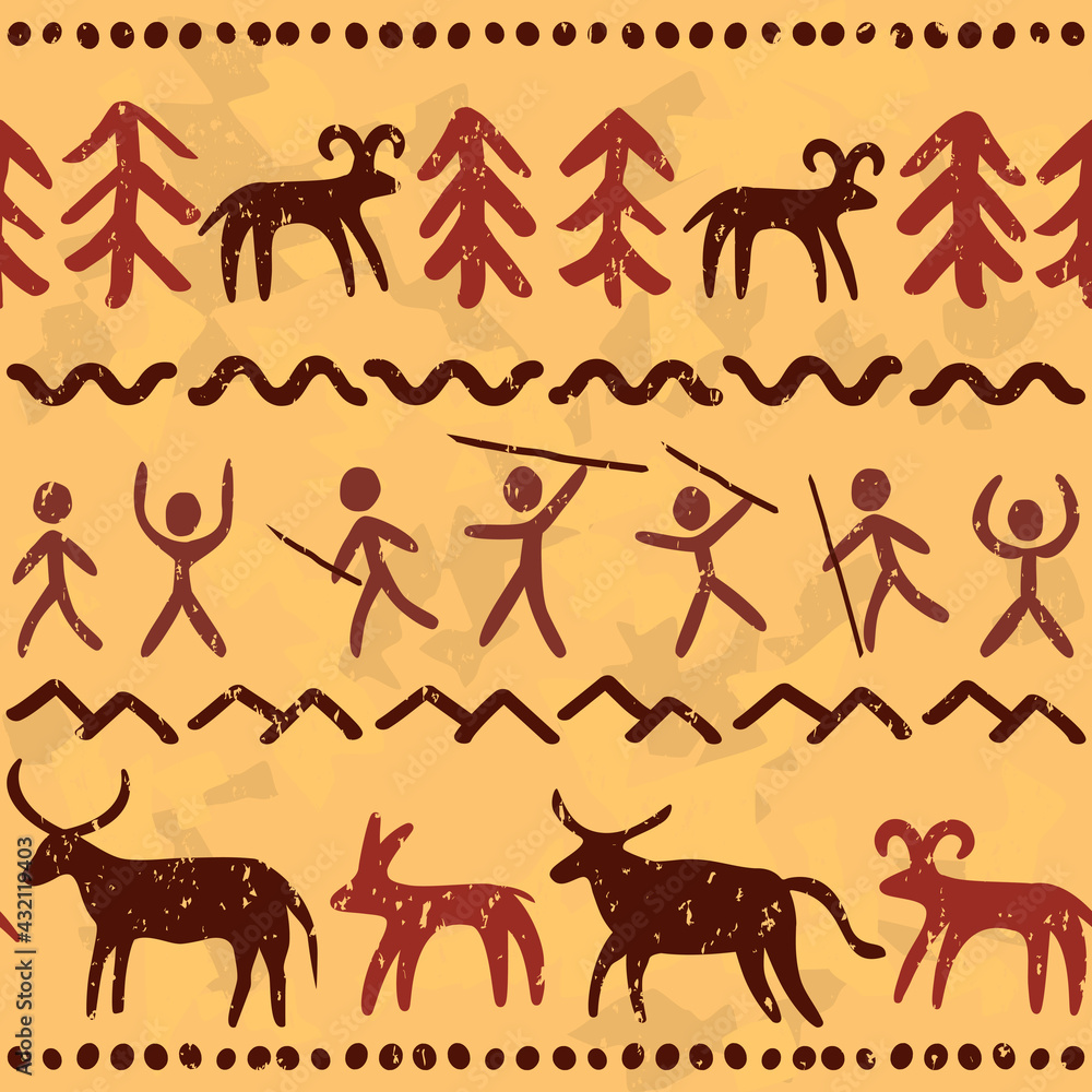 Prehostoric cave paintings art vector seamless pattern, primitive ...
