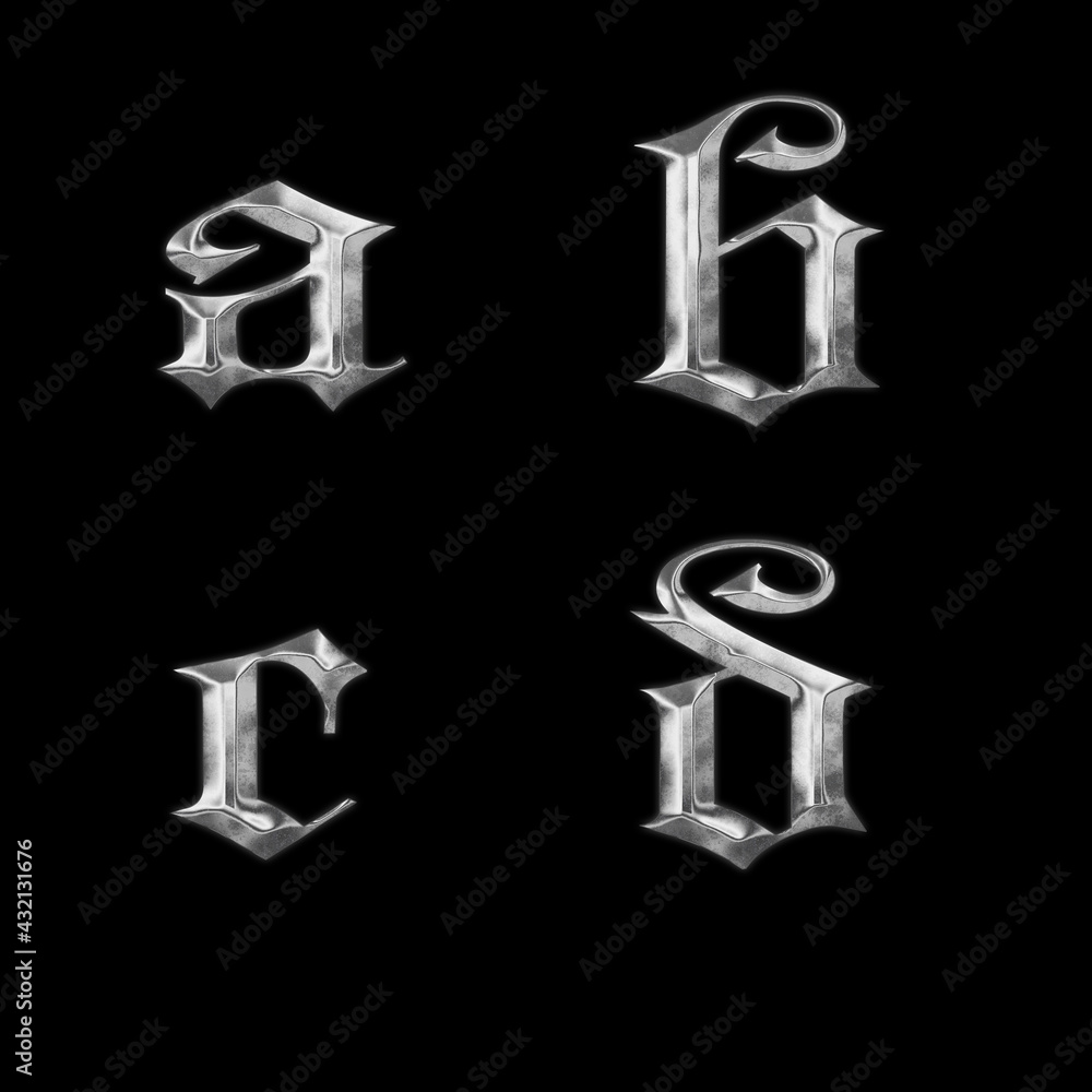 3D old Gothic metal lowercase alphabet - letters a-d Stock Illustration ...