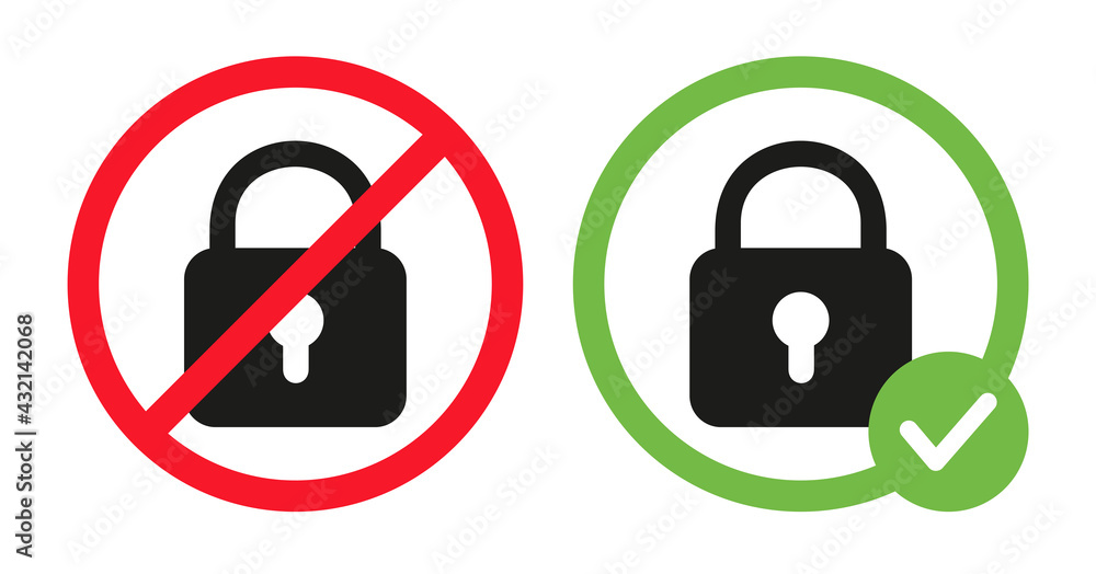 Lock sign in crossed out red circle and padlock in green circle ...