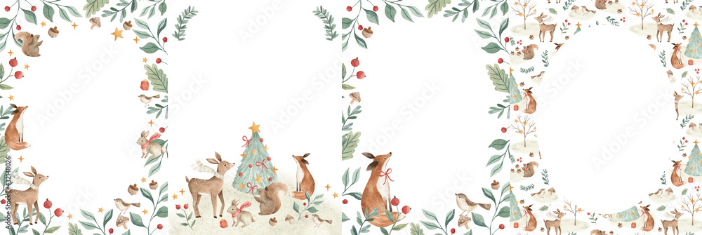 Christmas invitation frame template with woodland animals and winter ...