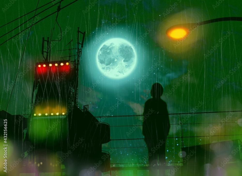 Landscape painting with a man’s silhouette , neon shining tenements and ...