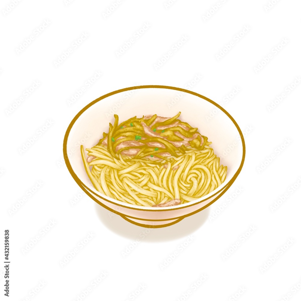 Dried noodle with pickled mustard and pork, a digital painting of ...