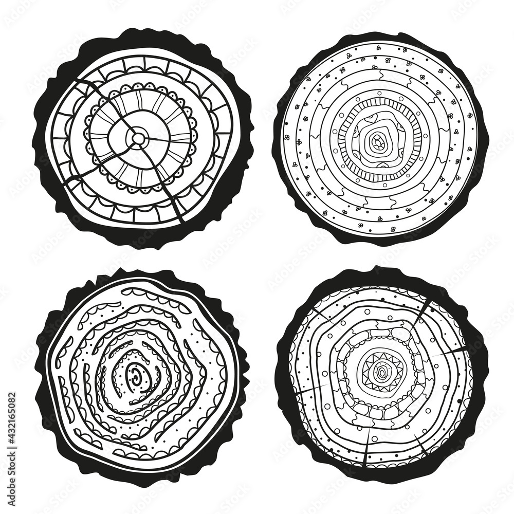 Tree rings. Set of cross section of the tree with abstract patterns on ...
