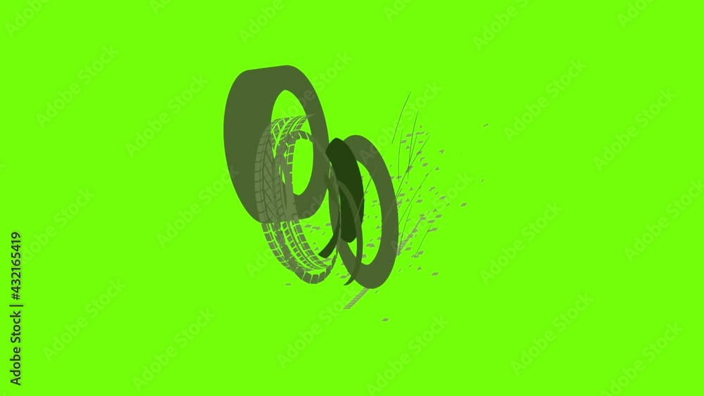 Spinning tyre icon animation cartoon object on green screen background ...