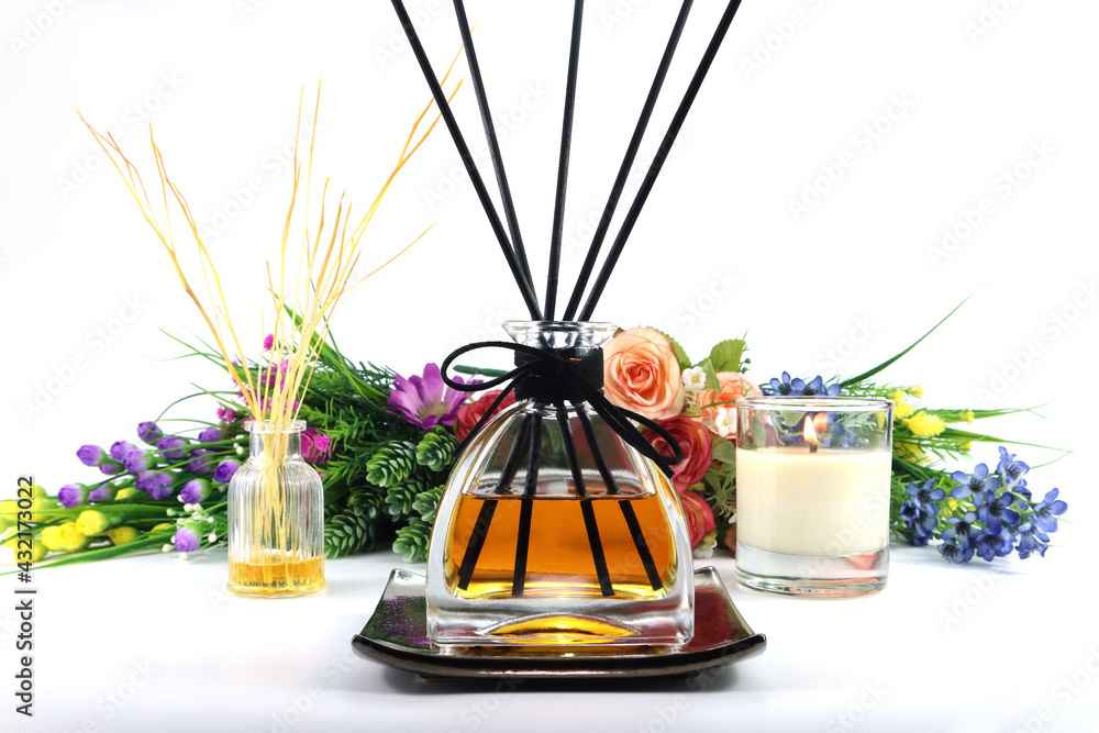 luxury aroma scent reed diffuser glass bottle is on the white table ...