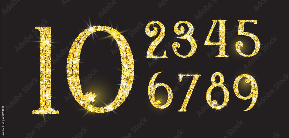 Realistic shining golden glitter numbers 1, 2, 3, 4, 5, 6, 7, 8, 9, 0 ...