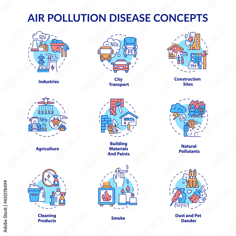 Air pollution disease concept icons set. Emission factors idea thin ...