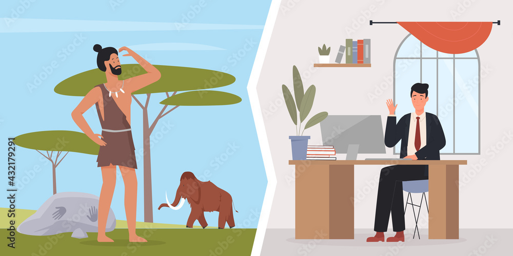 Human evolution, primitive caveman and businessman vector illustration ...