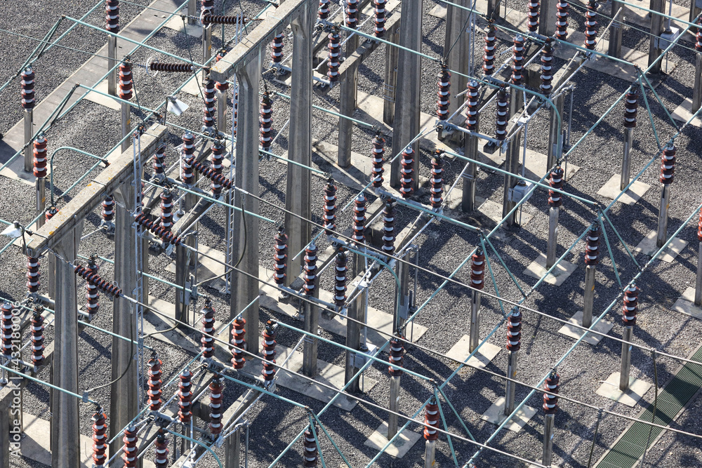 An aerial view taken from a helicopter of a high voltage power ...