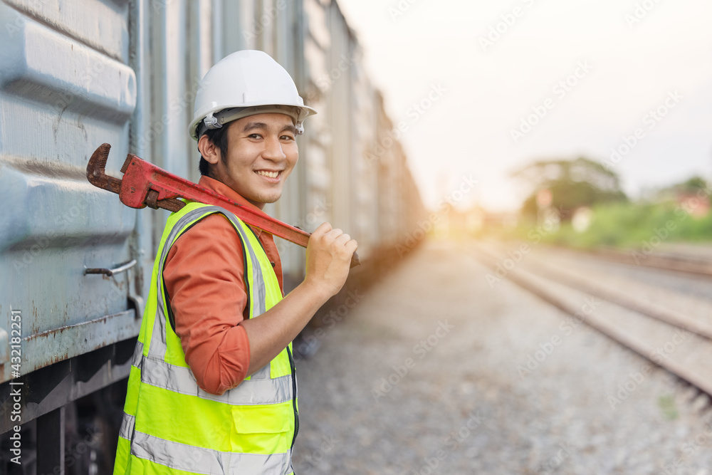 Engineer man checking train before service erformed various system ...