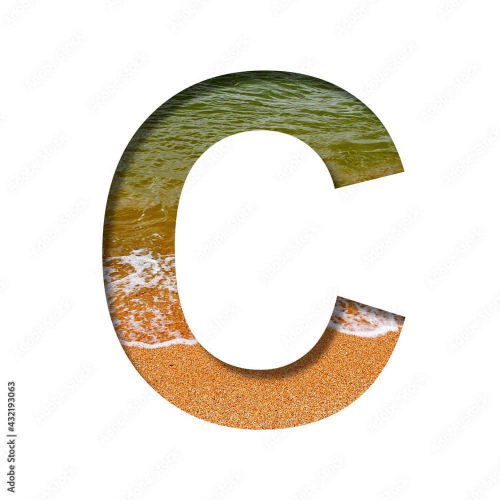 Sea shore font. The letter C cut out of paper on a background of the ...