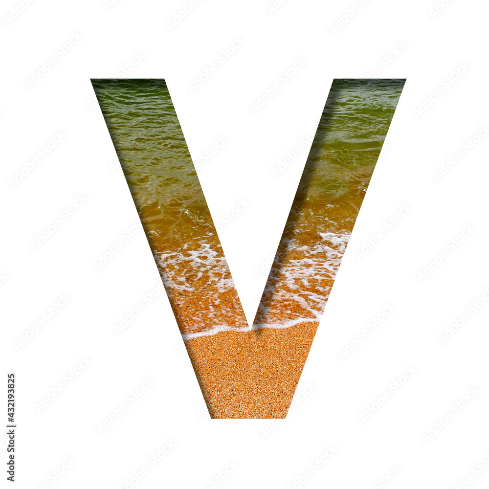Sea shore font. The letter V cut out of paper on a background of the ...