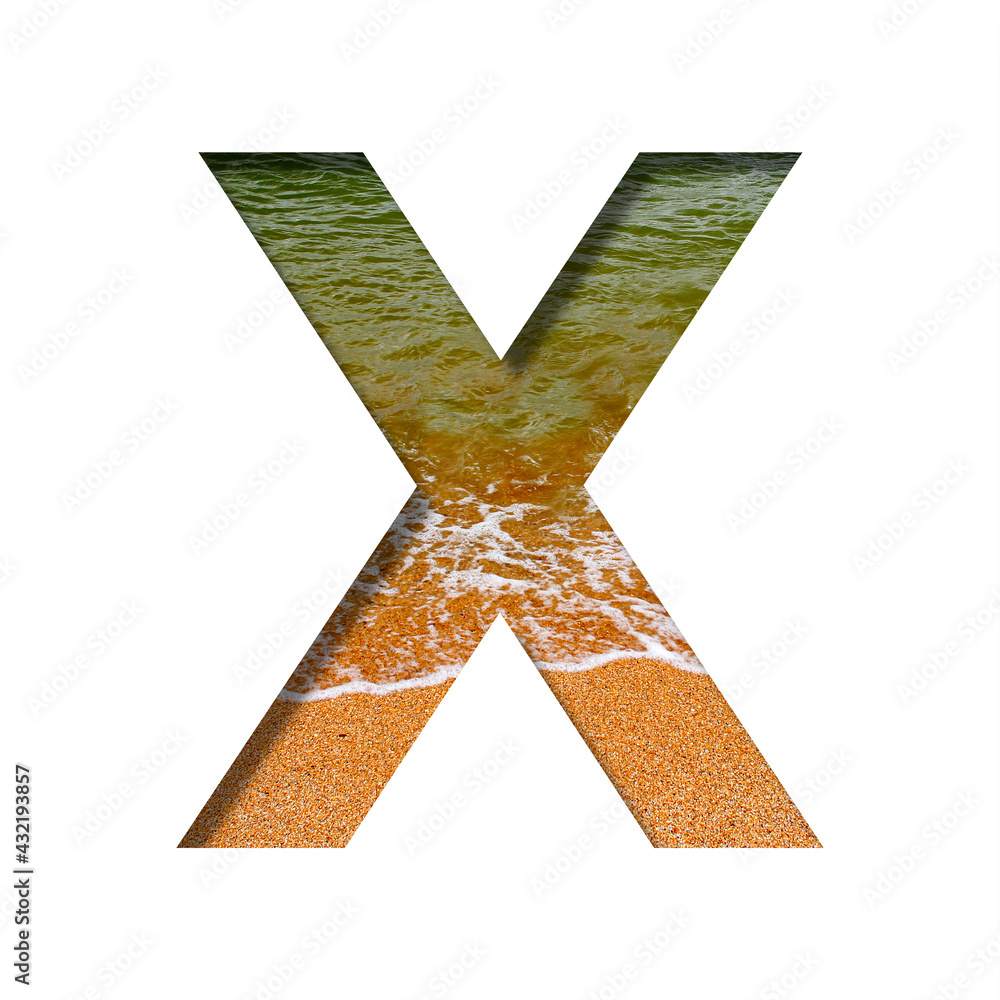 Sea shore font. The letter X cut out of paper on a background of the ...