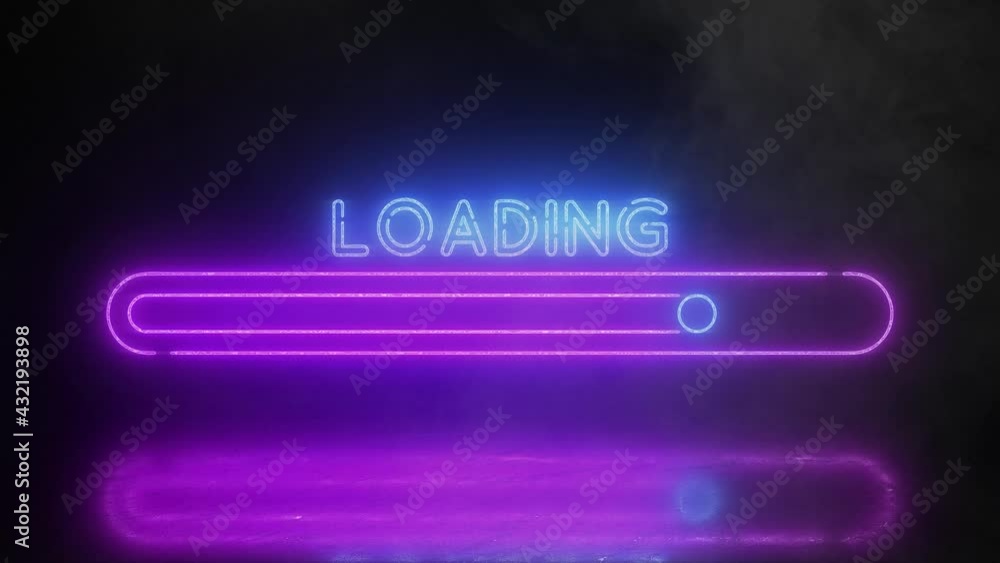 Ultraviolet glowing neon loading progress bar icon with smoke or fog effect. Bar uploading led ...