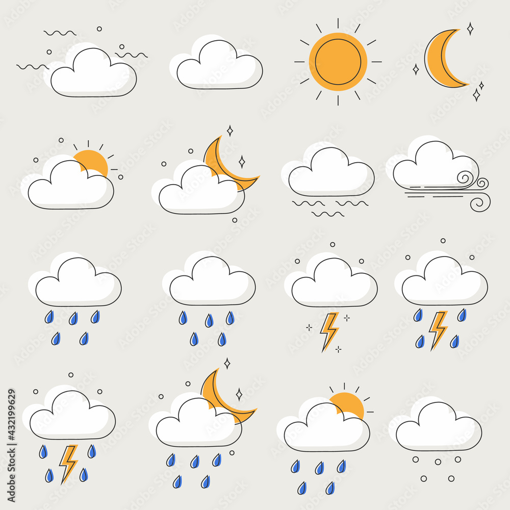 Set of colored vector icons of weather and meteorology. Seasonal ...