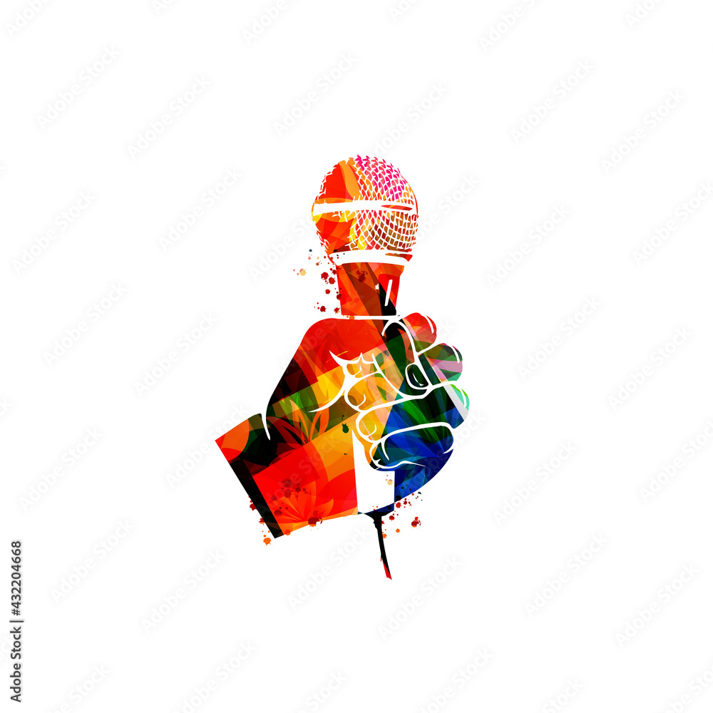 Colorful musical promotional poster with hand holding microphone ...