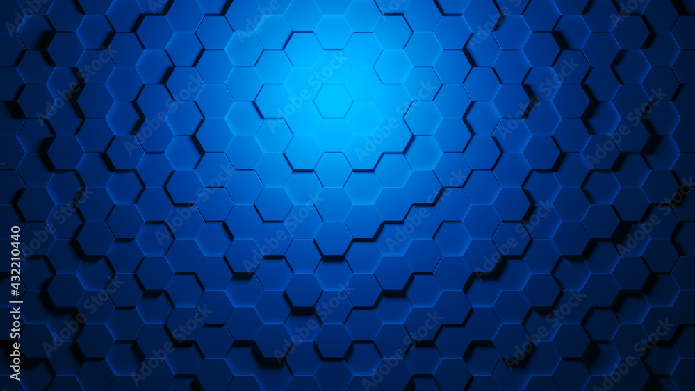 3D rendering of blue octagons background with light spot in center ...