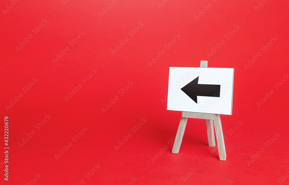 Left arrow easel sign. Direction pointer. Hint, help in navigation ...